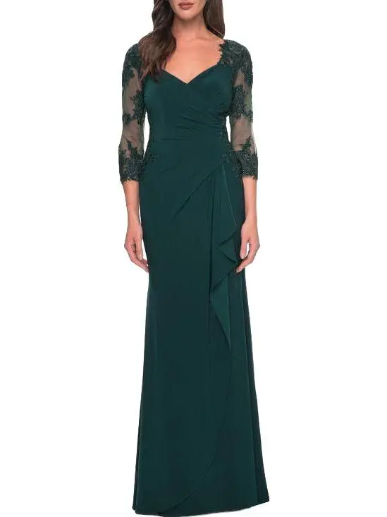 LABOMME Lace And Net Jersey Gown With Illusion Sleeves - Hunter Green