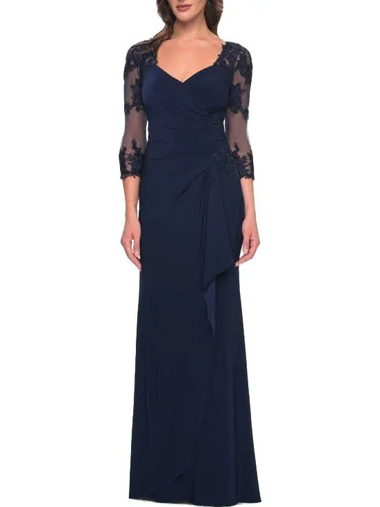 LABOMME Lace And Net Jersey Gown With Illusion Sleeves - Navy