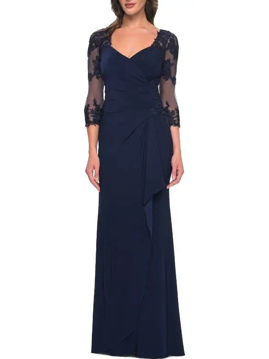 La Femme Lace And Net Jersey Gown With Illusion Sleeves - Navy