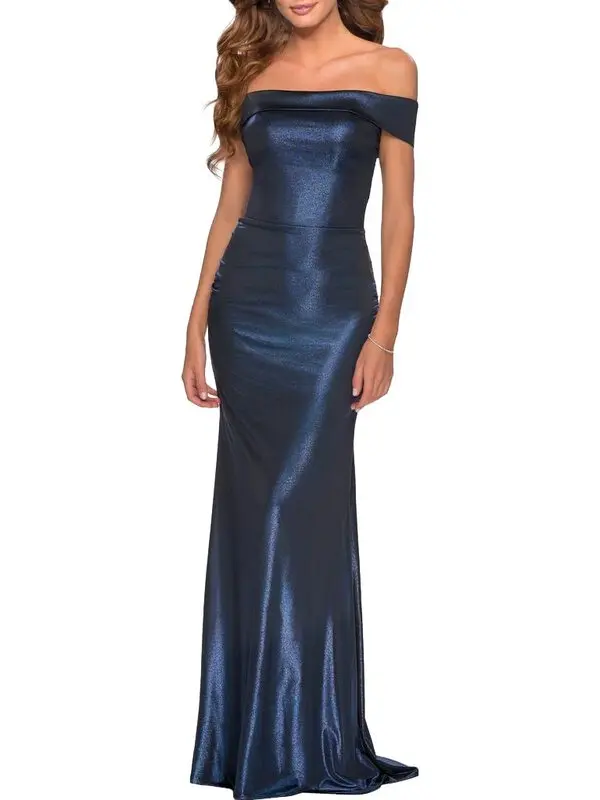 La Femme Metallic Jersey Off The Shoulder Gown - Navy