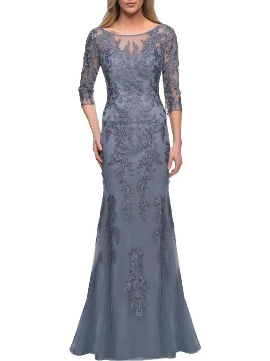 La Femme Tulle Gown With Lace Applique - Slate