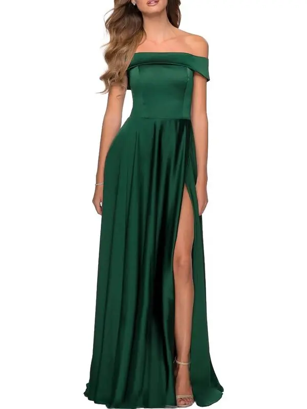 LABOMME Satin Off-the-shoulder Evening Dress - Emerald