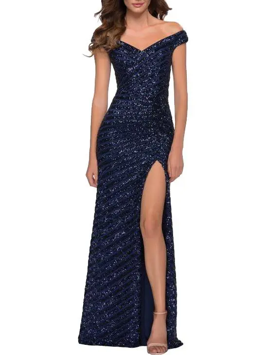 La Femme Sequin Gown With Slit - Navy