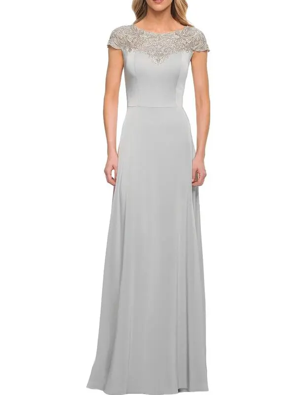 La Femme Jersey Gown With Lace Top - Silver
