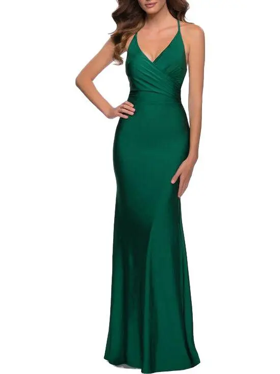 La Femme Fitted Jersey Gown - Emerald