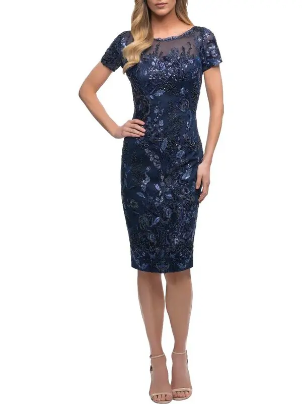 La Femme Short Beaded Lace Dress With Illusion Top And Sleeves - Navy