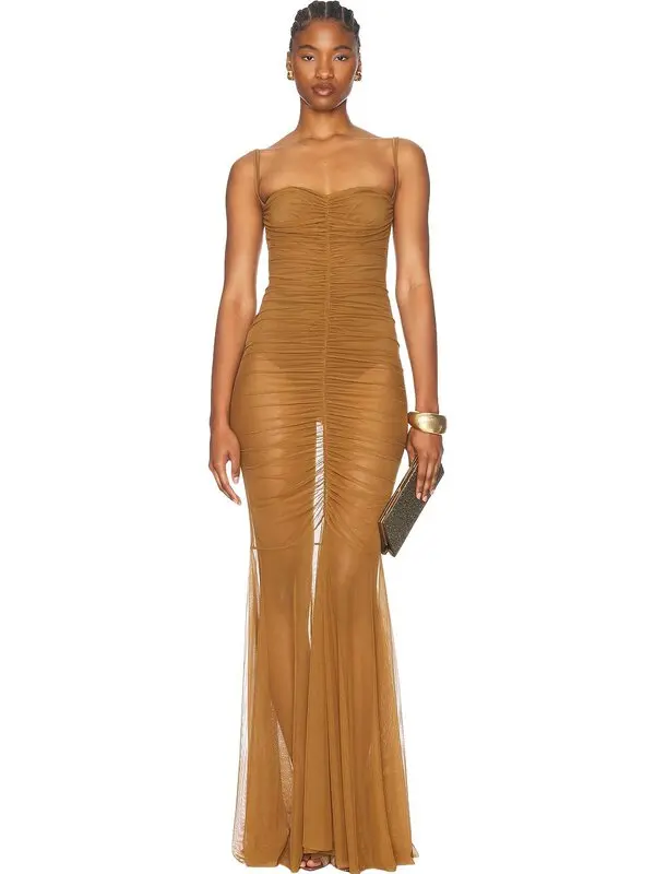 Norma Kamali Strapless Shirred Front Fishtail Gown - Bronze