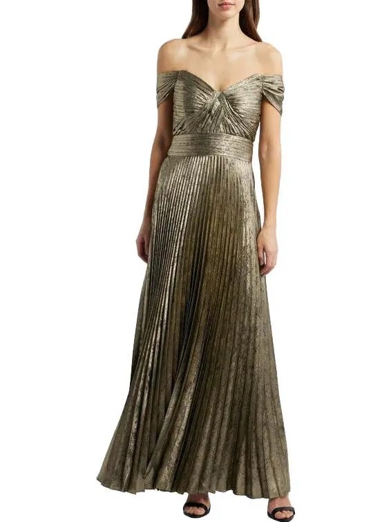TAHARI ASL Metallic Off-the-shoulder Pleated Gown - Gold
