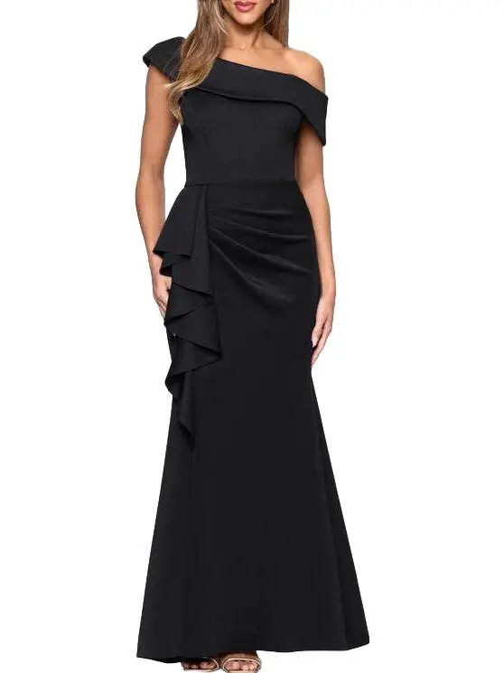 XSCAPE EVENINGS Ruffle One-shoulder Gown - Black