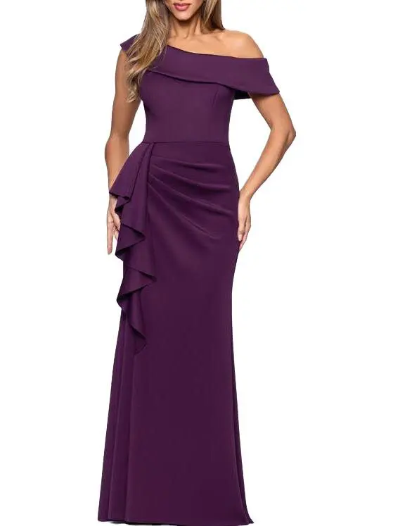 XSCAPE EVENINGS Ruffle One-shoulder Gown - Plum