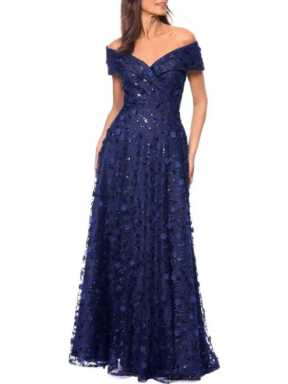 XSCAPE EVENINGS Sequin Floral Appliqué Gown - Navy