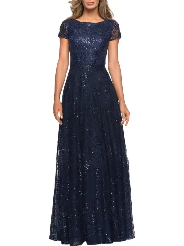 La Femme Sequin Lace A-line Gown With Short Sleeves - Navy