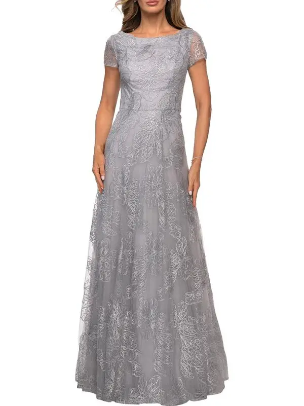 La Femme Sequin Lace A-line Gown With Short Sleeves - Silver