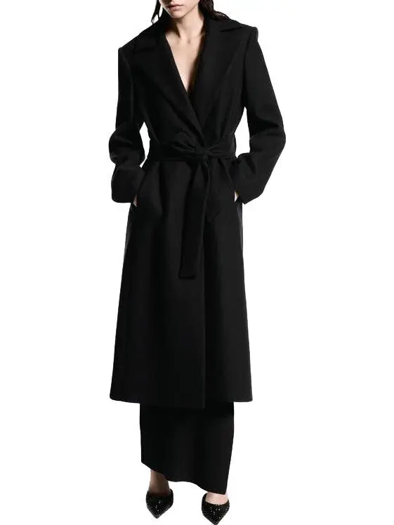 Mango Dolce Wool-blend Wrap Coat With Faux Fur Collar - Black