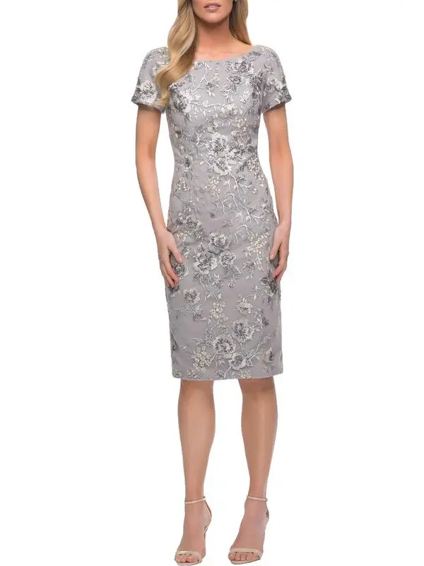 La Femme Short Sleeve Knee Length Lace Dress - Silver