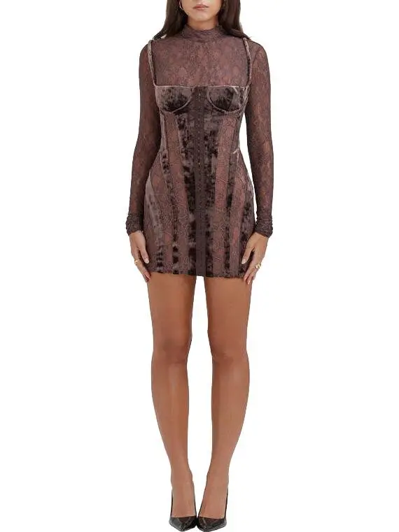 House Of Cb Marica Lace And Velvet Minidress - Brown