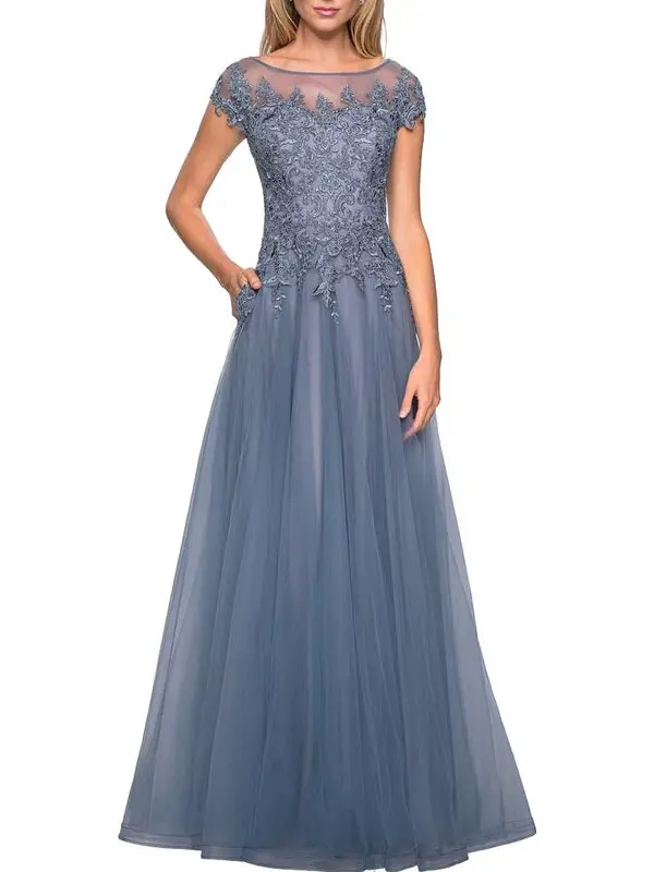 LABOMME Long Tulle Gown With Lace Bodice And Pockets - Smoky Blue