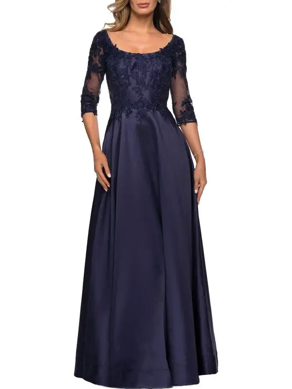 La Femme Three Quarter Sleeve Lace Gown - Navy