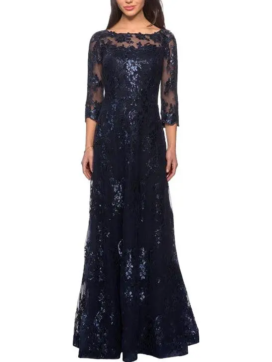 LABOMME Long Lace And Sequin Gown - Navy