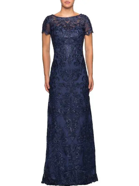 LABOMME Long Lace Dress With Rhinestones - Navy