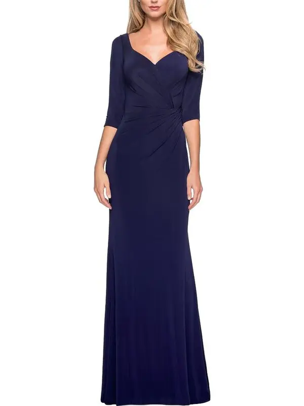 LABOMME 3/4 Sleeve Sweetheart Neckline Jersey Dress - Navy