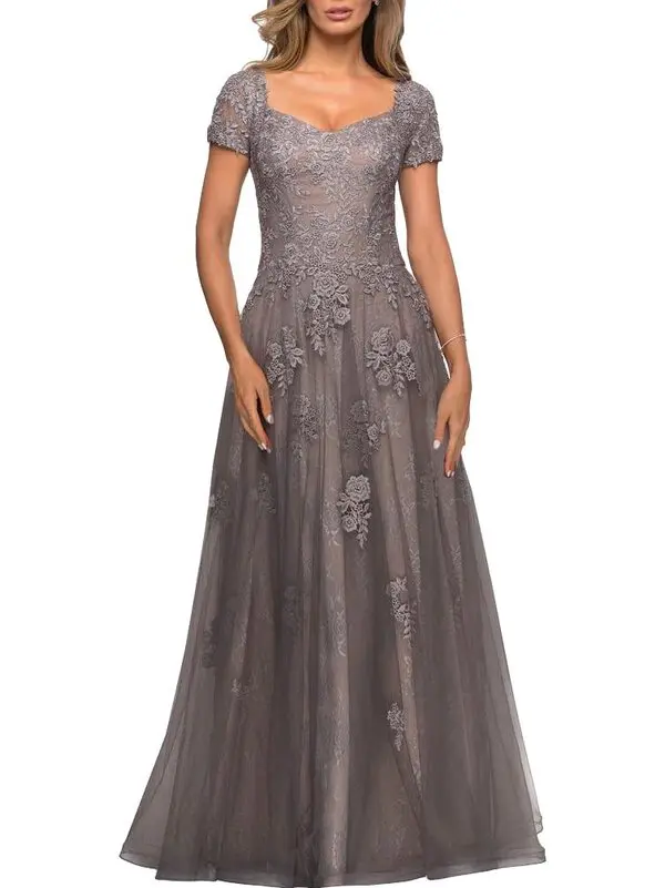 La Femme A-line Tulle Gown With Lace Appliques - Platinum