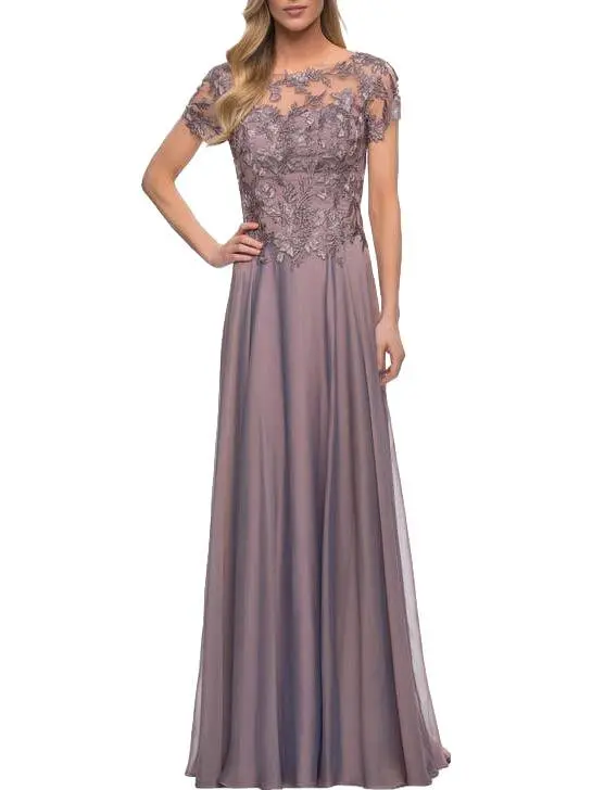 LABOMME Chiffon Evening Gown With Lace Bodice - Dark Mauve
