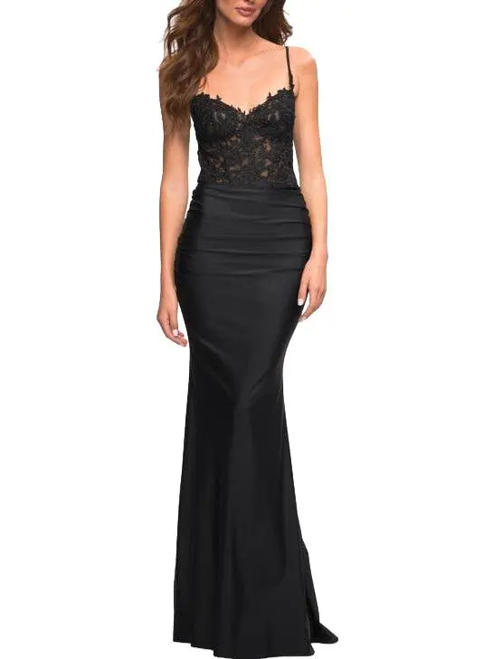 La Femme Jewel Tone Jersey Gown With Lace Bodice - Black