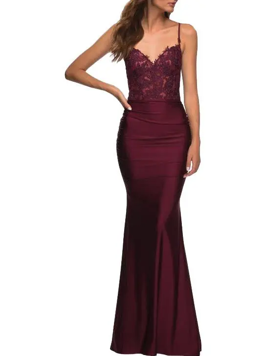 LABOMME Jewel Tone Jersey Gown With Lace Bodice - Dark Berry