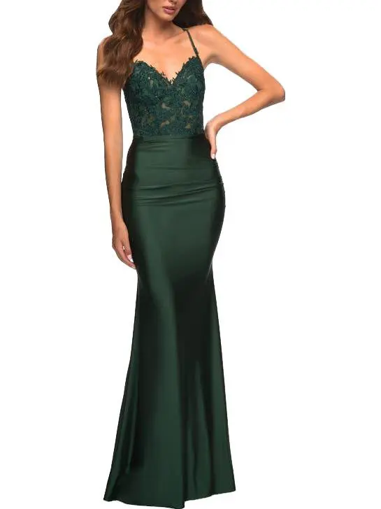 La Femme Jewel Tone Jersey Gown With Lace Bodice - Dark Emerald