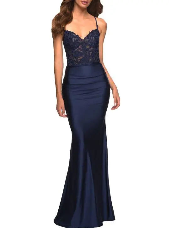 La Femme Jewel Tone Jersey Gown With Lace Bodice - Navy