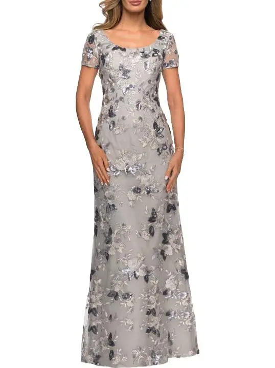La Femme Floral Gown With Short Sleeves - Silver