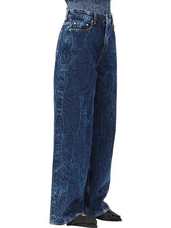 GANNI Crinkled Future Denim Marri Wide Leg Jeans - Mid Blue Stone
