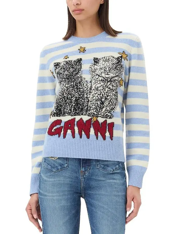 GANNI Striped Graphic Sweater - Illusion Blue