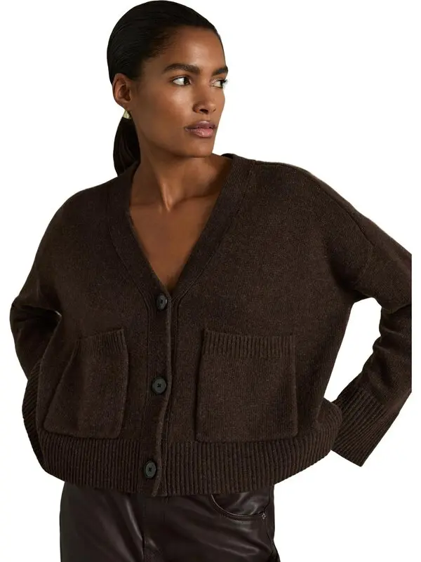 REISS Rosie Wool-cashmere Patch-pocket Cardigan - Chocolate