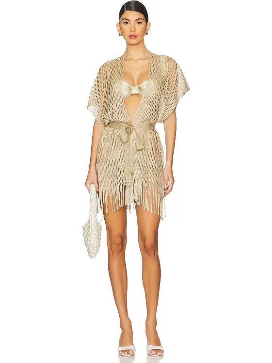 Luli Fama Short Caftan In Metallic - Gold