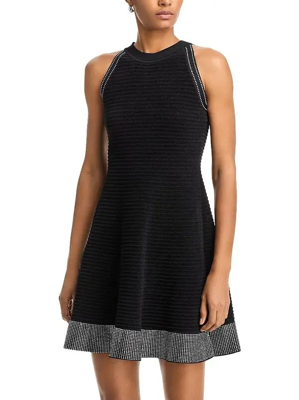 MILLY Crystal Trim Knit Mini Dress - Black