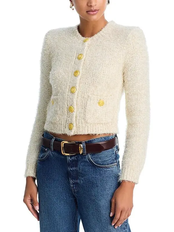L'Agence Una Crewneck Cardigan Sweater - Ivory/gold
