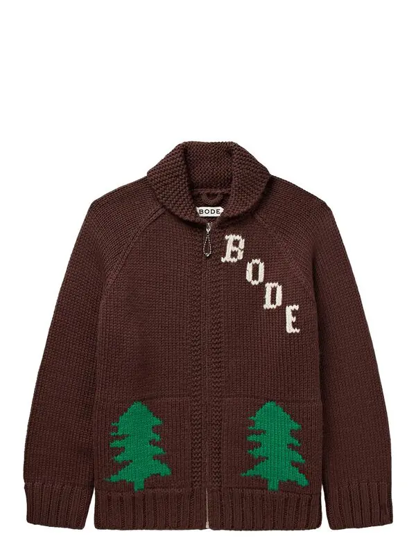 BODE Fir Shawl-collar Intarsia Wool Zip-up Cardigan - Brown