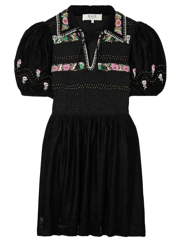 Sea Brynn Embellished Smocked Velvet Mini Dress - Black