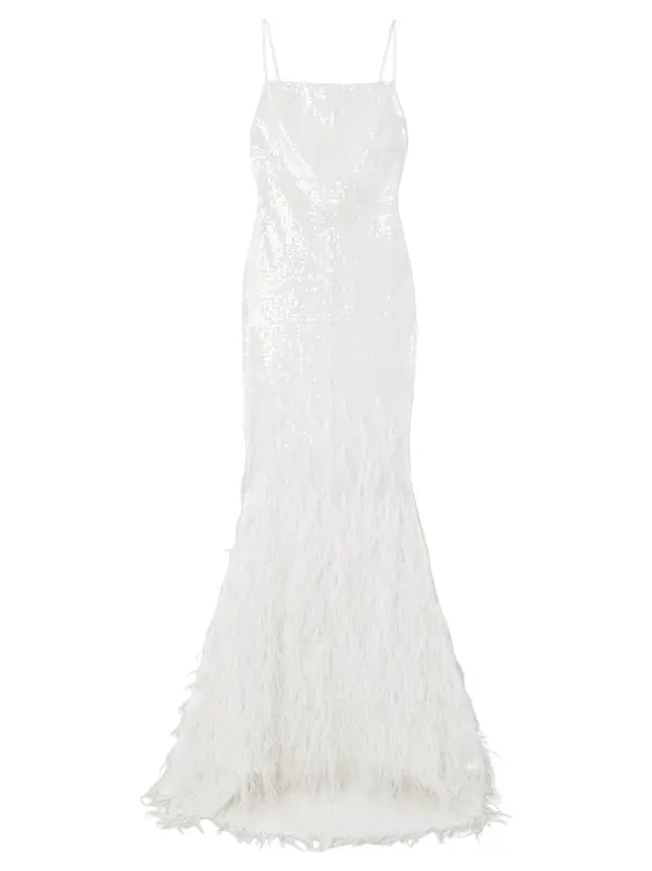 Retrofete Odessa Feather-trimmed Sequined Lace Gown - White