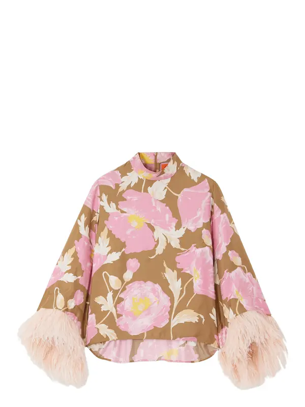 La DoubleJ Make An Exit Feather-trimmed Silk-twill Blouse - Pink