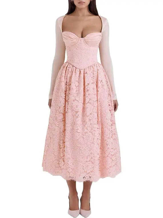 House Of Cb Duchess Lace Fit & Flare Midi Dress With Bolero - Pink Salt