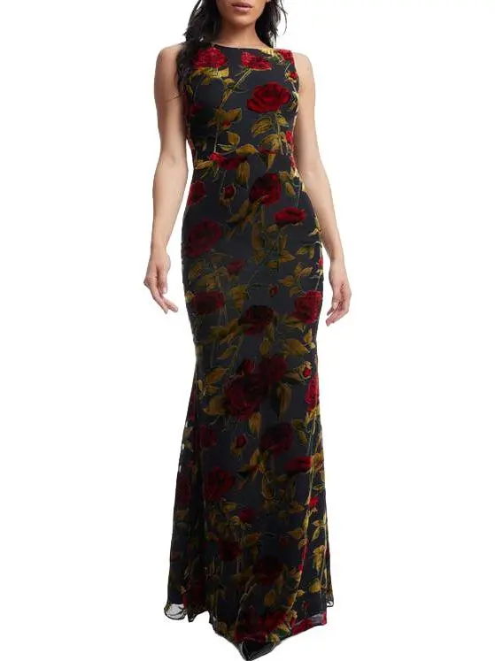 Dress The Population Cherilyn Floral Velvet Burnout Open Back Mermaid Gown - Black Multi