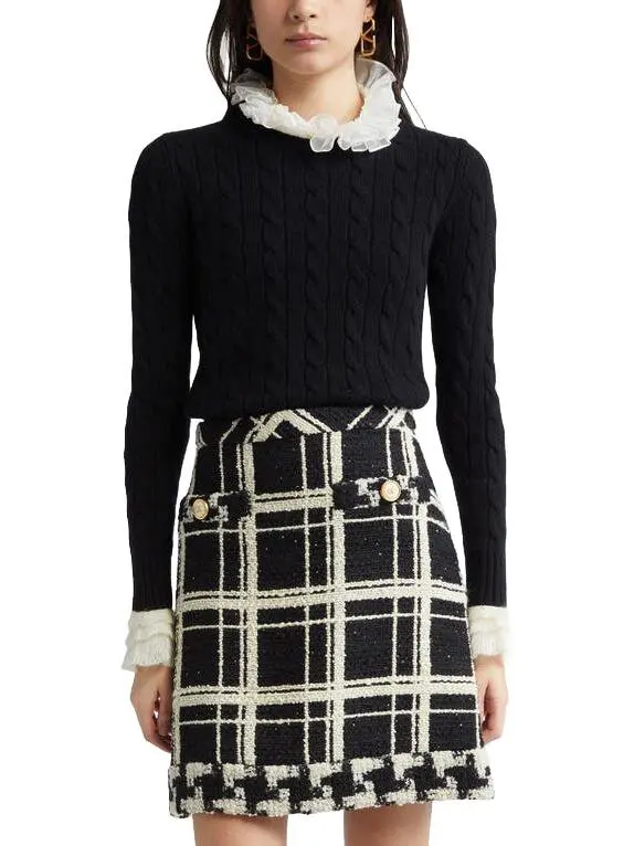 Valentino Garavani Ruffle Cuff Cable Cashmere Sweater - Ivory/ Black