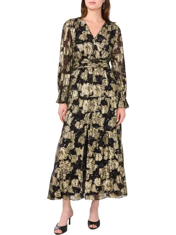 Halogen Metallic Floral Long Sleeve Maxi Dress - Rich Black