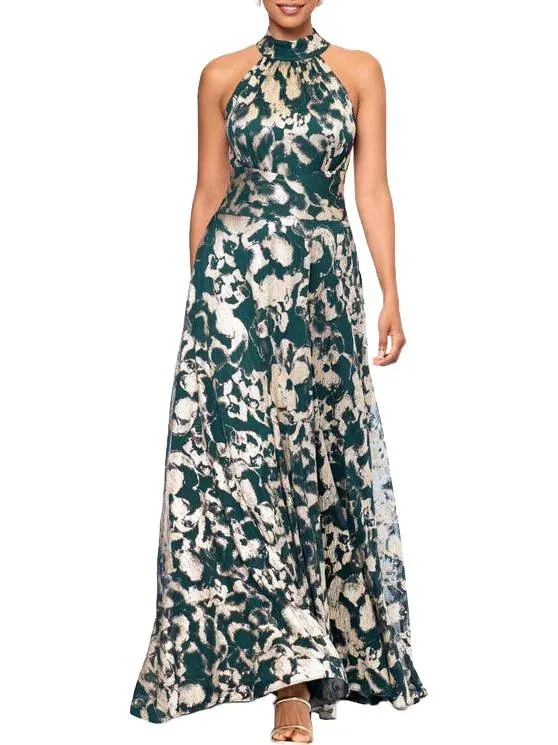Betsy & Adam Metallic Floral High Neck Gown - Green/gold