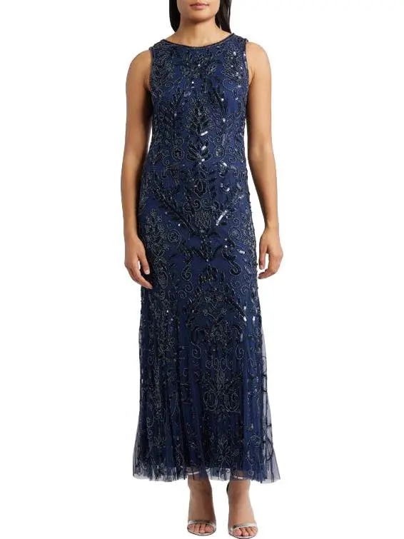 Pisarro Nights Beaded Sleeveless Gown - Navy