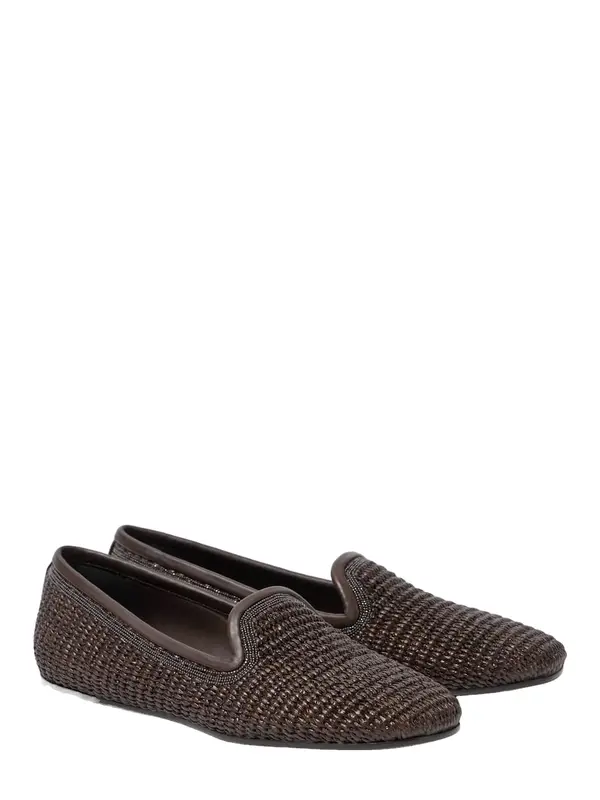 Brunello Cucinelli Leather-trimmed Raffia Slippers - Brown