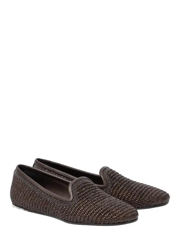 Brunello Cucinelli Leather-trimmed Raffia Slippers - Brown